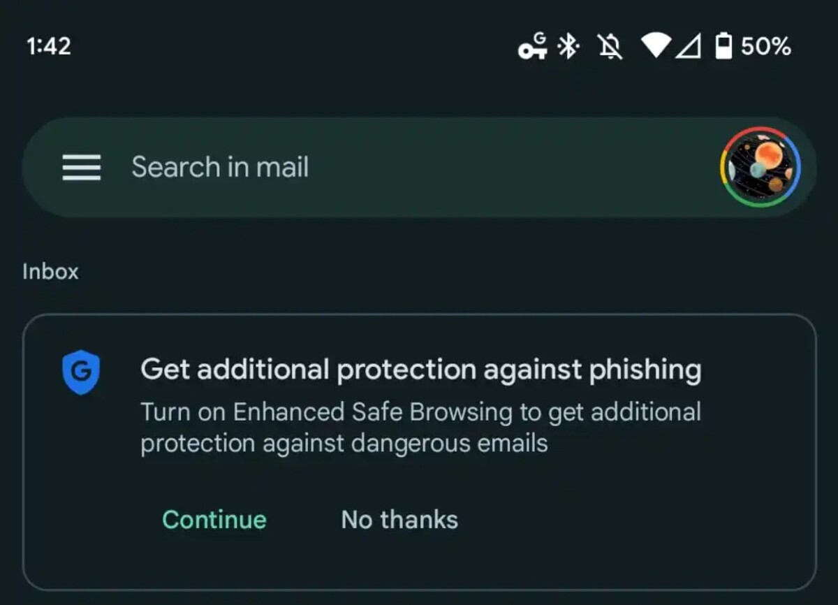 Gmail per Android invita ad utilizzare la Navigazione sicura avanzata
